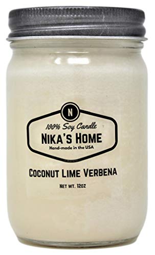 Nika's Home Coconut Lime Verbena Soy Candle - 12oz Mason Jar - Non-Toxic Soy Candle-Hand Poured Candle- Handmade, Long Burning Candle-Highly Scented Candle-All Natural, Clean Burning Candle