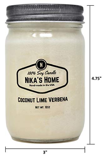 Nika's Home Coconut Lime Verbena Soy Candle - 12oz Mason Jar - Non-Toxic Soy Candle-Hand Poured Candle- Handmade, Long Burning Candle-Highly Scented Candle-All Natural, Clean Burning Candle