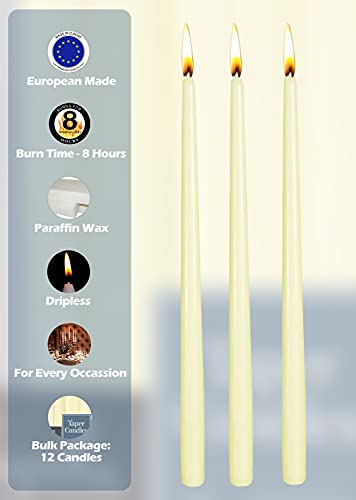 12 Pack Tall Taper Candles - 10 Inch Ivory Dripless, Unscented Dinner Candle - Paraffin Wax with Cotton Wicks - 8 Hour Burn Time