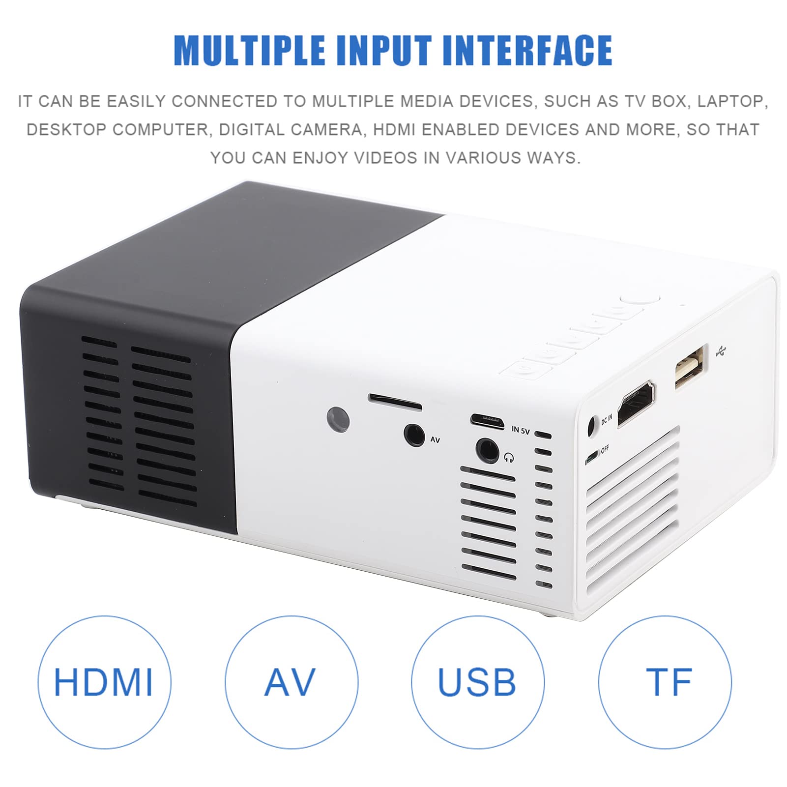 Mini LED Projector , Mini Private Home Theater Portable LED Projector Support 1080P HD HDMI Multimedia Player Clear Stereo Sound for Outdoor Recreation , Entertainment Venues Black White