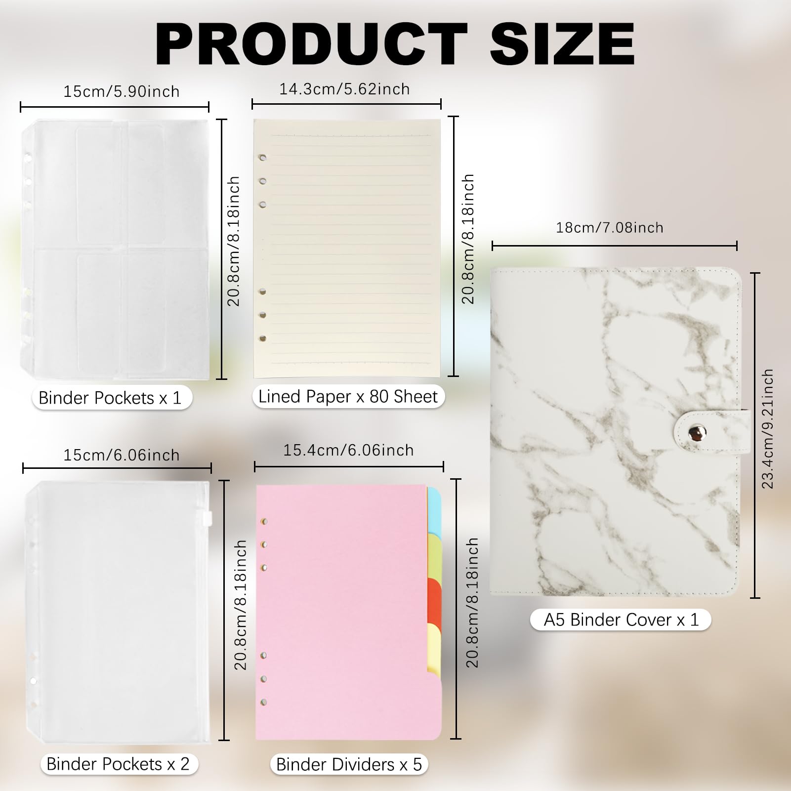 Colorlife A5 PU Leather Binder 6-Ring Notebook Binder with Refill Paper and Magnetic Buckle for 6 Hole A5 Filler Paper-Marbling White