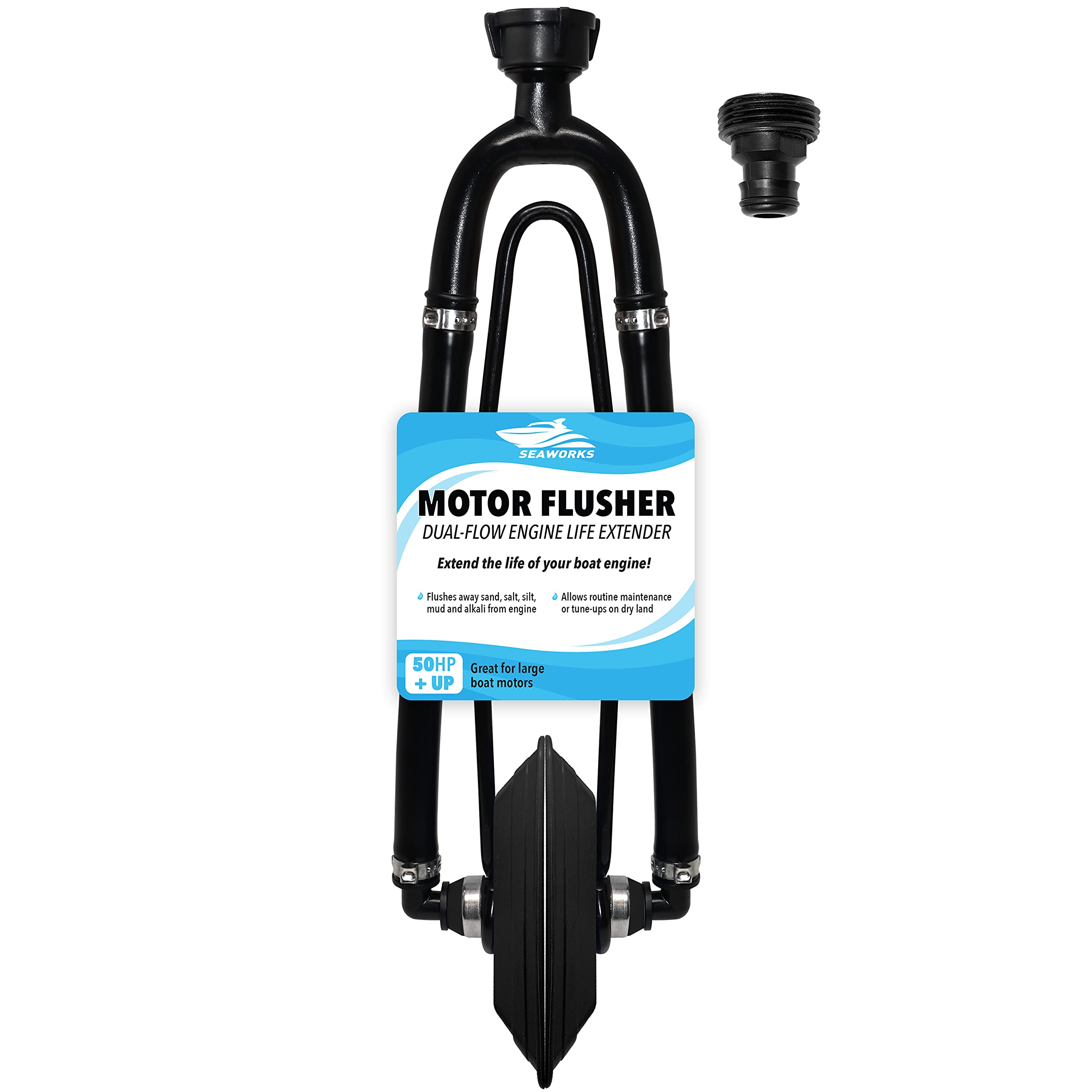 Seaworks Dual Feed Muff Style Boat Motor Flusher | Use for Antifreeze Winterization or Common Water Flush | 5/8 Inch Standard Garden Hose Connection (Black)