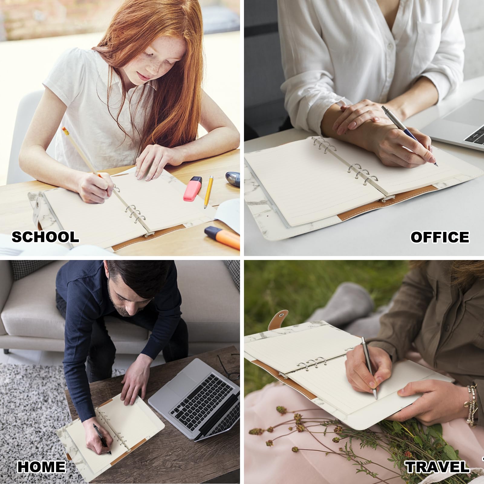 Colorlife A5 PU Leather Binder 6-Ring Notebook Binder with Refill Paper and Magnetic Buckle for 6 Hole A5 Filler Paper-Marbling White