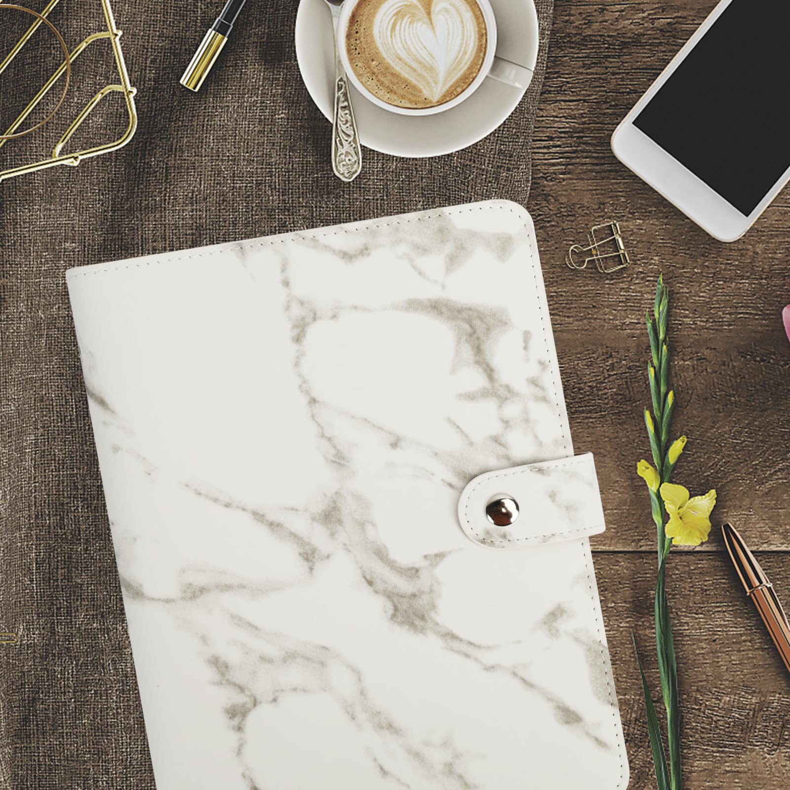 Colorlife A5 PU Leather Binder 6-Ring Notebook Binder with Refill Paper and Magnetic Buckle for 6 Hole A5 Filler Paper-Marbling White