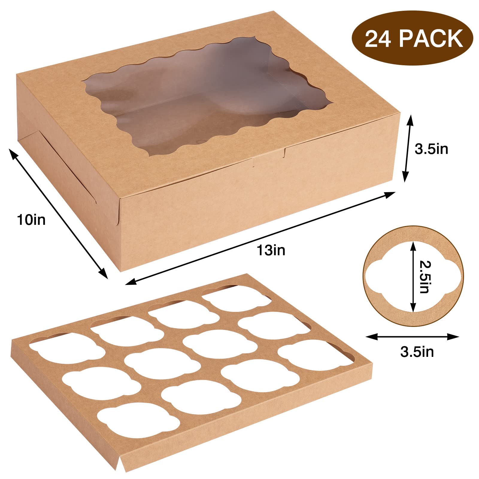 Moretoes Cupcake Boxes 24 Pcs Brown Cupcake Carrier Containers 24 Cardboard 12 Count, Kraft Bakery Boxes with Windows and Inserts to Hold Muffins & Pastries