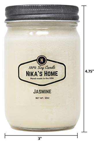 Nika's Home Jasmine Soy Candle 12oz Mason Jar Non-Toxic White Soy Candle-Hand Poured Candle- Handmade, Long Burning 50-60 Hours Highly Scented All Natural, Clean Burning Large Candle Gift Décor