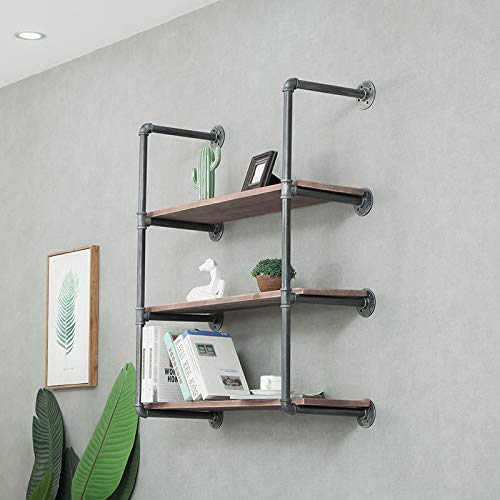 FODUE Industrial Wall Mount Iron Pipe Shelf Shelves Shelving Bracket Vintage Retro Black DIY Open Bookshelf DIY Storage Office Room Kitchen (3 Tier)