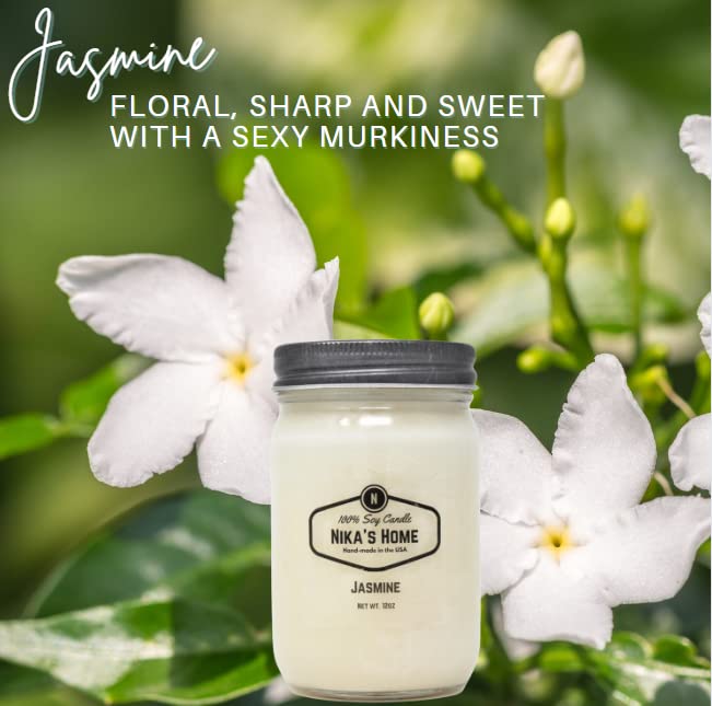 Nika's Home Jasmine Soy Candle 12oz Mason Jar Non-Toxic White Soy Candle-Hand Poured Candle- Handmade, Long Burning 50-60 Hours Highly Scented All Natural, Clean Burning Large Candle Gift Décor