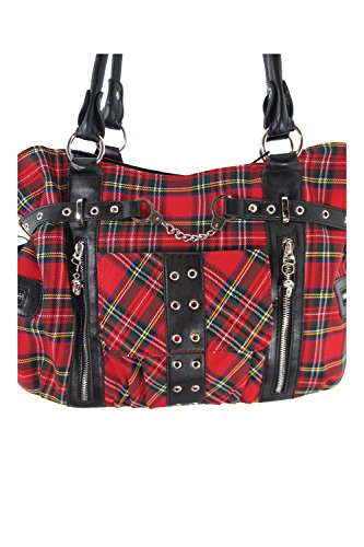 Lost Queen Red Royal Stewart tartan Plaid Punk Rock Purse with Handcuff Skull Charm, Large