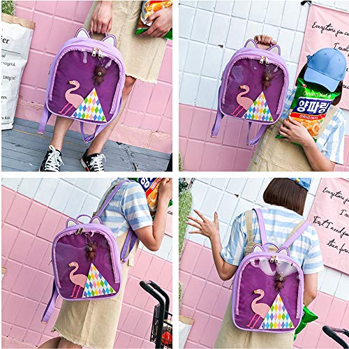 Ita Backpacks Girls Cute Rucksack Cat Ears Design Daypack Ladies Summer Beach Bag Transparent Windows for DIY Pins Decors, Purple