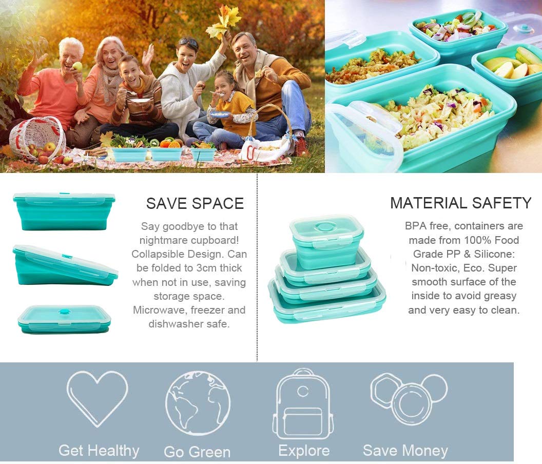 Collapsible Silicone Food Storage Container Set of 4 with Lids | Stackable - Space Saving | Microwaveable | Freezer, Dishwasher Safe| BPA Free|Collapsible Leftover or Meal Prep Lunch Box Containers