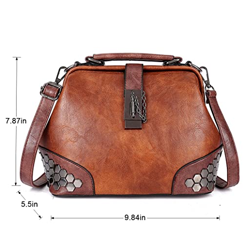 Mn&Sue Gothic Rivet Studded Vintage Doctor Style Cross Body Convertible Bucket Shoulder Handbag for Women (Brown)