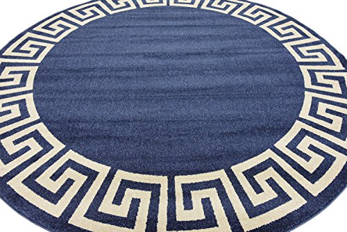 Unique Loom Athens Collection Classic Geometric Modern Border Design Area Rug, Round 8' 0" x 8' 0", Navy Blue/Beige