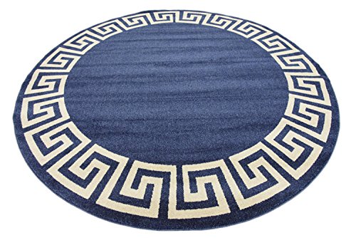 Unique Loom Athens Collection Classic Geometric Modern Border Design Area Rug, Round 8' 0" x 8' 0", Navy Blue/Beige