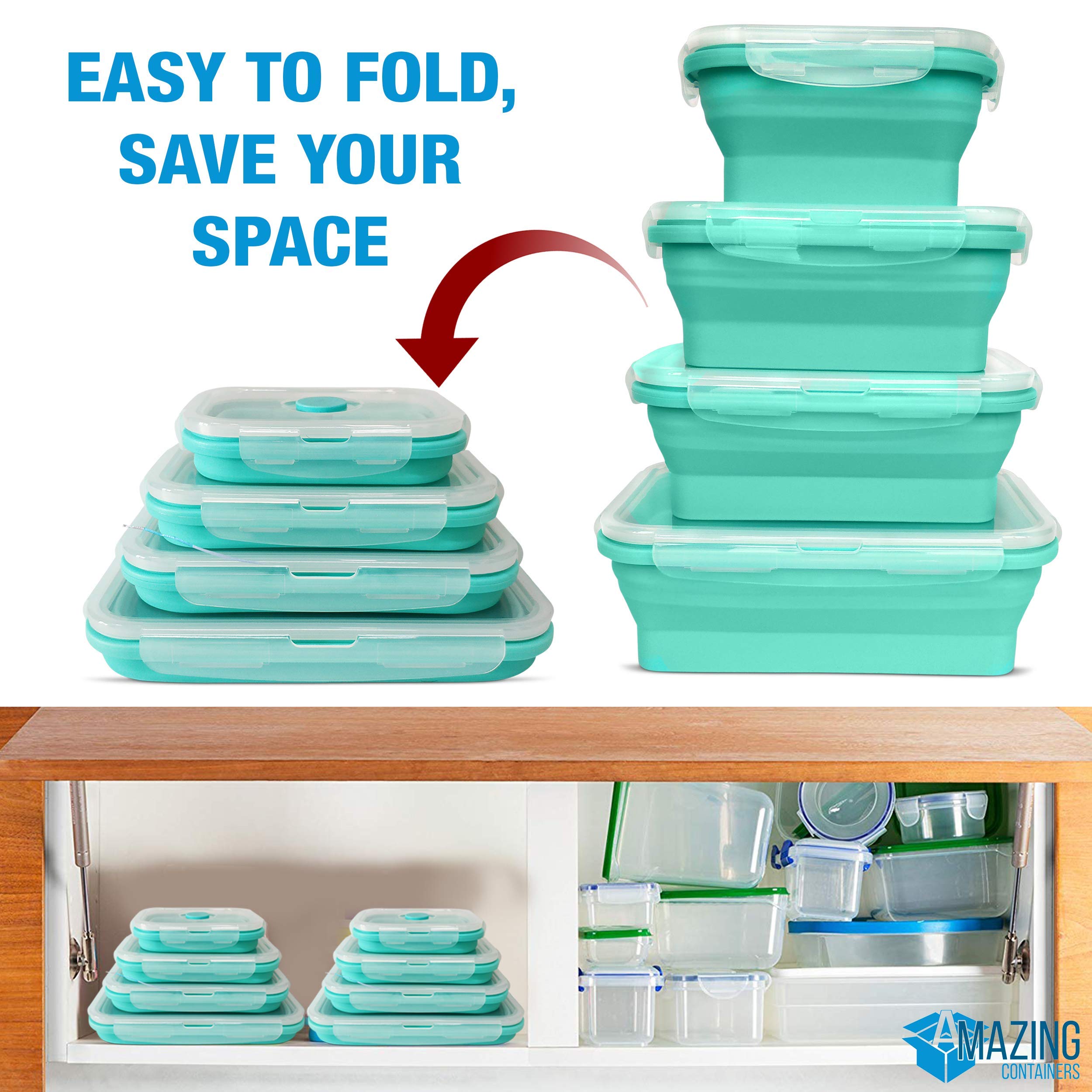 Collapsible Silicone Food Storage Container Set of 4 with Lids | Stackable - Space Saving | Microwaveable | Freezer, Dishwasher Safe| BPA Free|Collapsible Leftover or Meal Prep Lunch Box Containers