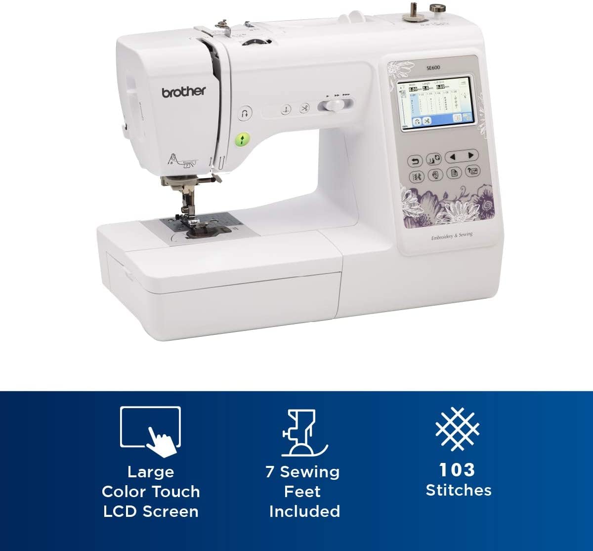 Brother SE600 Sewing and Embroidery Machine, 80 Designs, 103 Built-In Stitches, Computerized, 4" x 4" Hoop Area, 3.2" LCD Touchscreen Display, 7 Included Feet