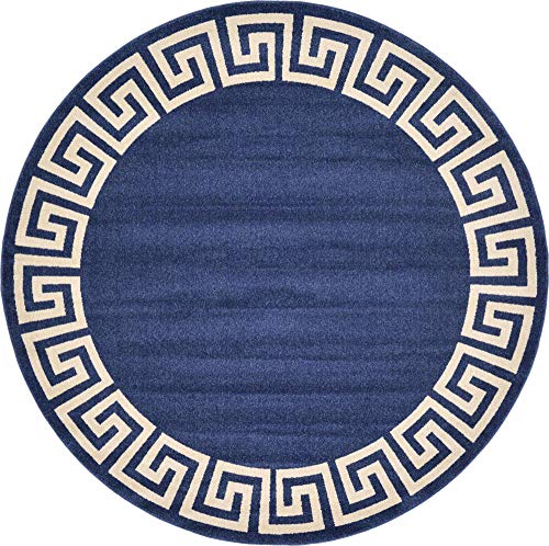 Unique Loom Athens Collection Classic Geometric Modern Border Design Area Rug, Round 8' 0" x 8' 0", Navy Blue/Beige