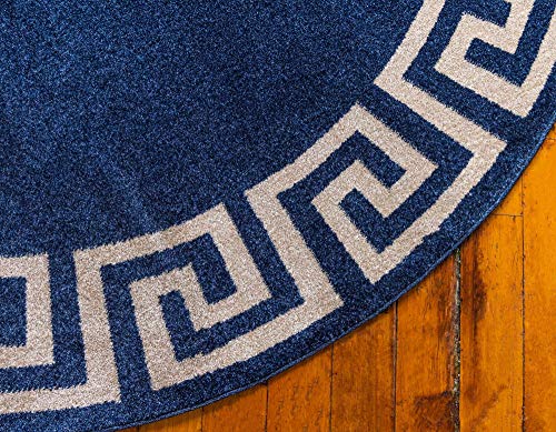 Unique Loom Athens Collection Classic Geometric Modern Border Design Area Rug, Round 8' 0" x 8' 0", Navy Blue/Beige