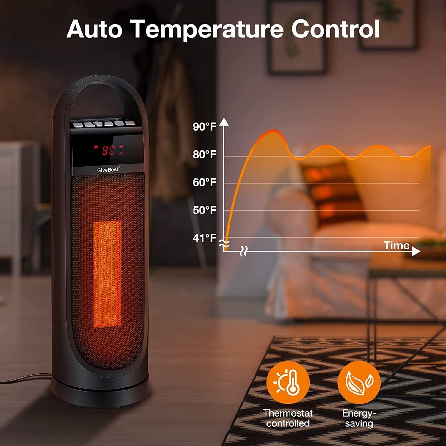 GiveBest 22'' Portable Tower Space Heater 1500W Ceramic Oscillating Electric Room Heater, 3 Modes, Remote Control, with Thermostat and Timer, Overheat & Tip-Over Protection for Bedroom, Office, Indoor