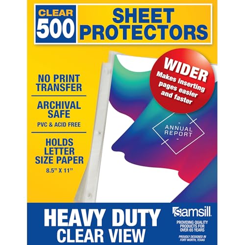Samsill 500 Clear Heavyweight Sheet Protectors, 3.3 Mil Thickness, Top Loading / 3 Hole Design Page Protectors, Archival Safe for Photos or Printed Copy, Holds Multiple 8.5 x 11 Sheets, Bulk 500 Pack