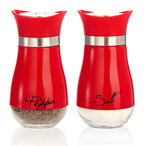 Tebery 4 Ounces Red Salt and Pepper Shakers Set, Elegant Stainless Steel with Glass Bottom