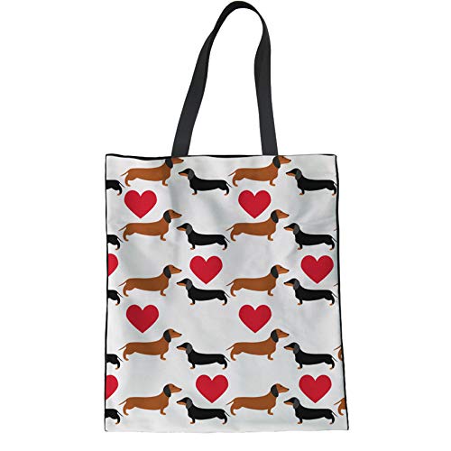 HUGS IDEA Women's Top Handle Bag Cartoon Kawaii Dachshund Dog Heart Printed Cotton Canvas Grocery Totes Beach Handbags for Teens