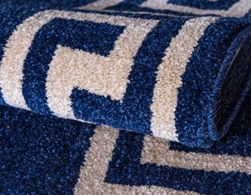 Unique Loom Athens Collection Classic Geometric Modern Border Design Area Rug, Round 8' 0" x 8' 0", Navy Blue/Beige