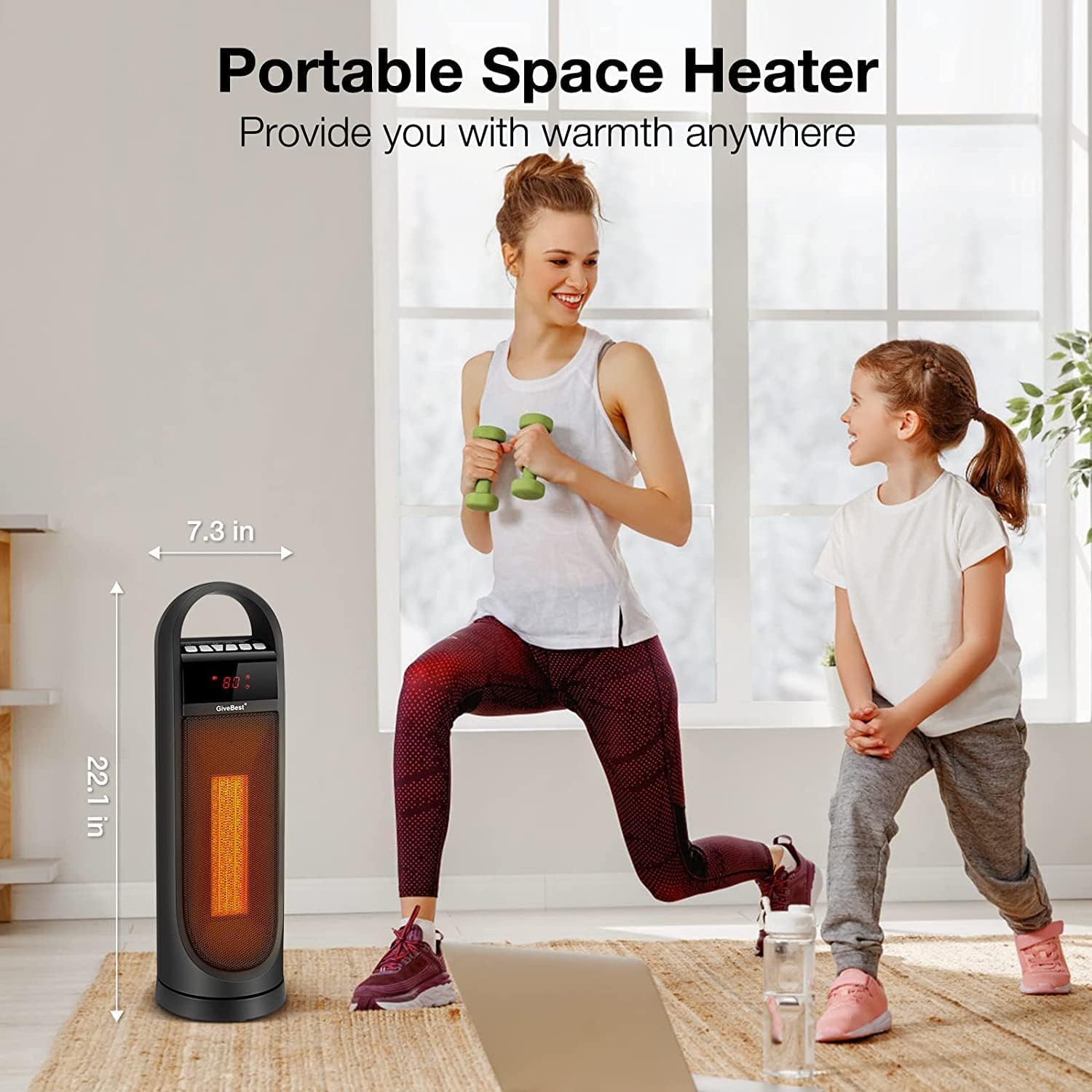 GiveBest 22'' Portable Tower Space Heater 1500W Ceramic Oscillating Electric Room Heater, 3 Modes, Remote Control, with Thermostat and Timer, Overheat & Tip-Over Protection for Bedroom, Office, Indoor
