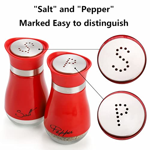 Tebery 4 Ounces Red Salt and Pepper Shakers Set, Elegant Stainless Steel with Glass Bottom