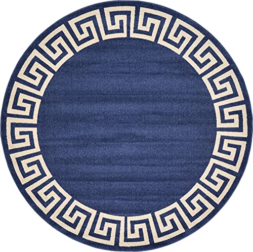 Unique Loom Athens Collection Classic Geometric Modern Border Design Area Rug, Round 8' 0" x 8' 0", Navy Blue/Beige
