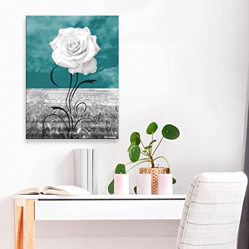 LKY ART Wall Art Elegant White Flower Canvas Print White Rose Wall Art Abstract Art 1 Panel Picture For Bathroom Wall Decor Painting Wood Frame Stretched Easy To Hang (rosewhite-12*16*1)