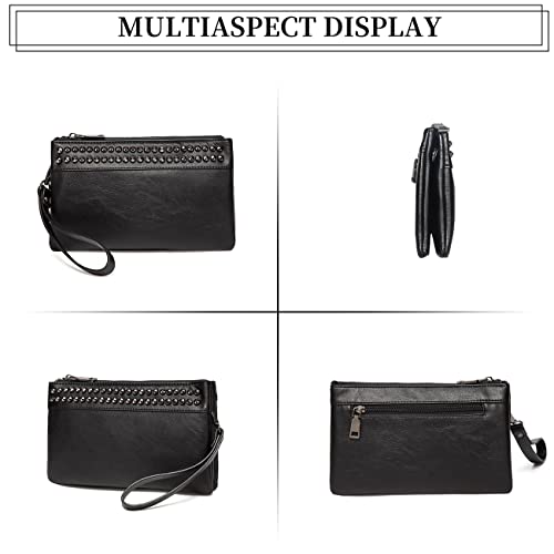 VASCHY Wristlet Clutch Purses, SAC Large Studs Soft Faux Leather Crossbody Evening Clutch Wallet for Women Black