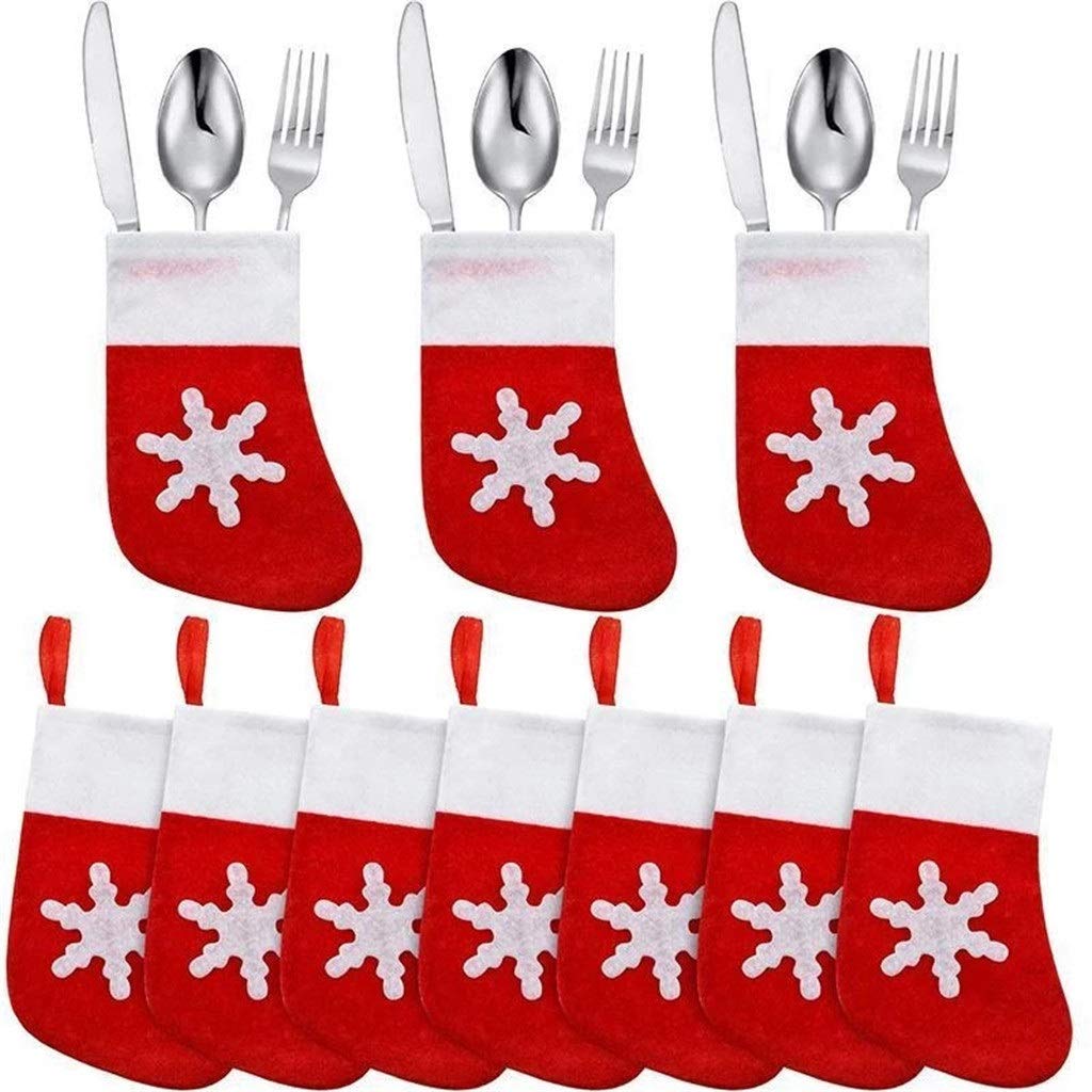 12 Packs Mini Christmas Stockings Bulk Small Christmas Dinner Table Decorations Snowflake Tableware Silverware Holders Christmas Tree Socks Knife Spoon Fork Bag for Xmas Party Dinner Table Supplies