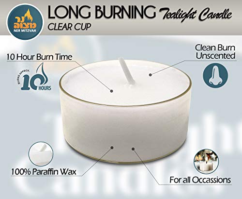 Ner Mitzvah Tea Light Candles - 16 Pack - White Unscented Tealight Candles - Long Burning - 10 Hours