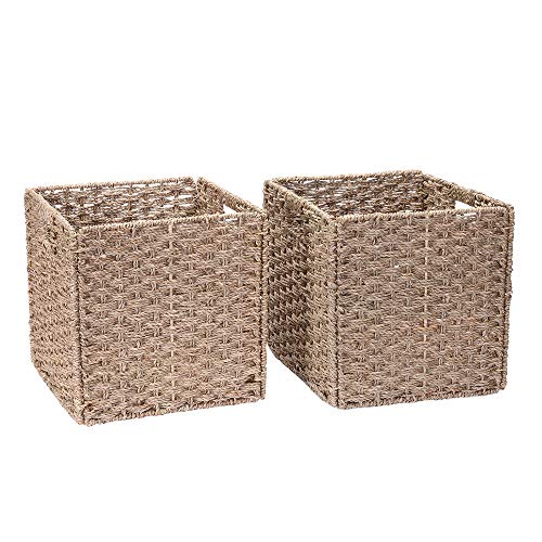 Villacera 12-Inch Square Hand Weaved Wicker Storage Bin, Foldable Baskets made of Water Hyacinth | Set of 2