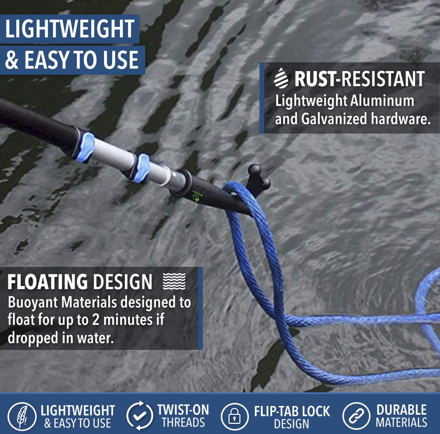 EVERSPROUT 5-to-12 Foot Boat Hook & Scrub Brush Kit (15-20 Foot Reach) | Soft-Bristle Deck Brush with Built-In Bumper Prevents Scratching | Durable Lightweight 3-Stage Extension Pole | Floating Design
