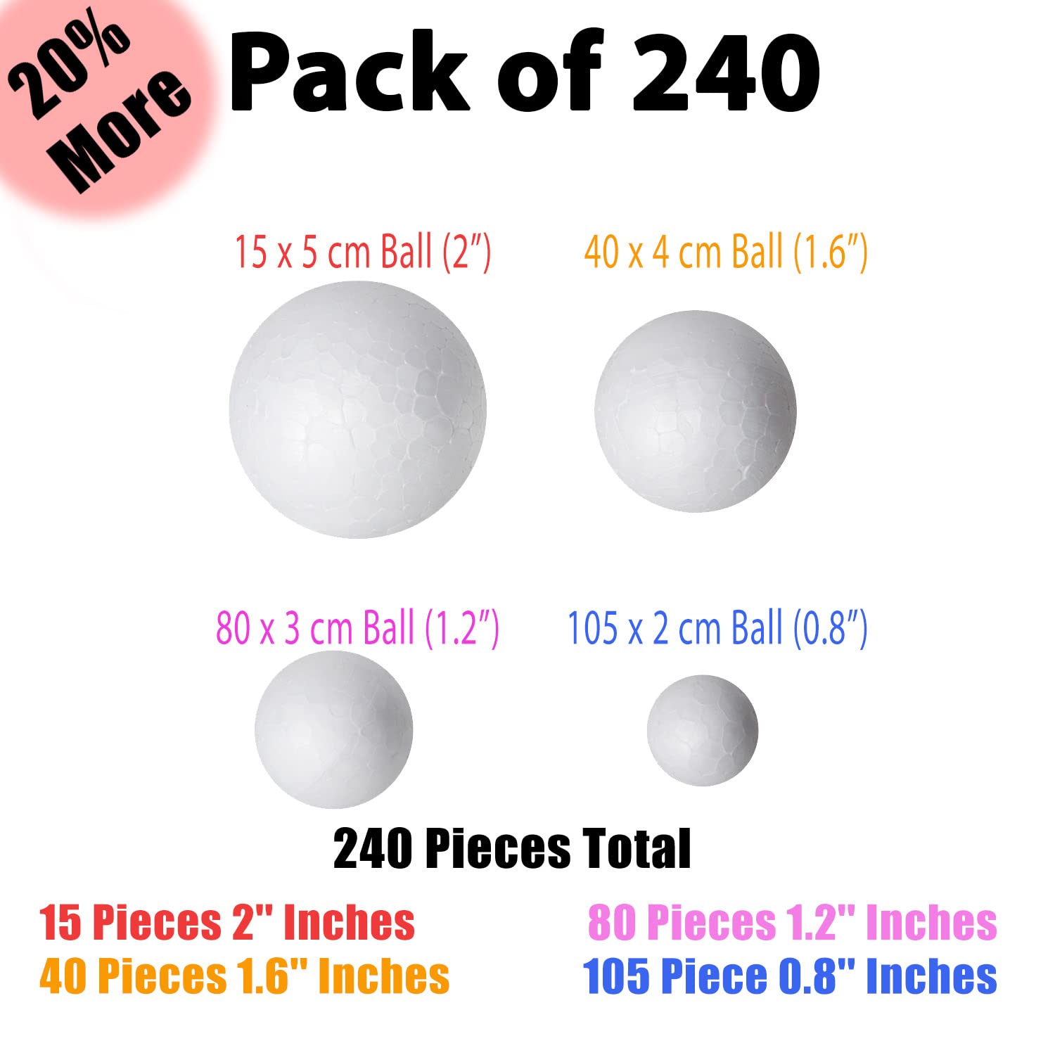 240 Pack Styrofoam Balls -Craft Foam Balls -Foam Craft Balls -Foam Balls For Arts and Crafts, DIY Craft For Home, School Craft Project -240 Bulk Styrofoam Balls, 4 sizes .8’’, 1.2’’, 1.6’’, 2’’ Inches