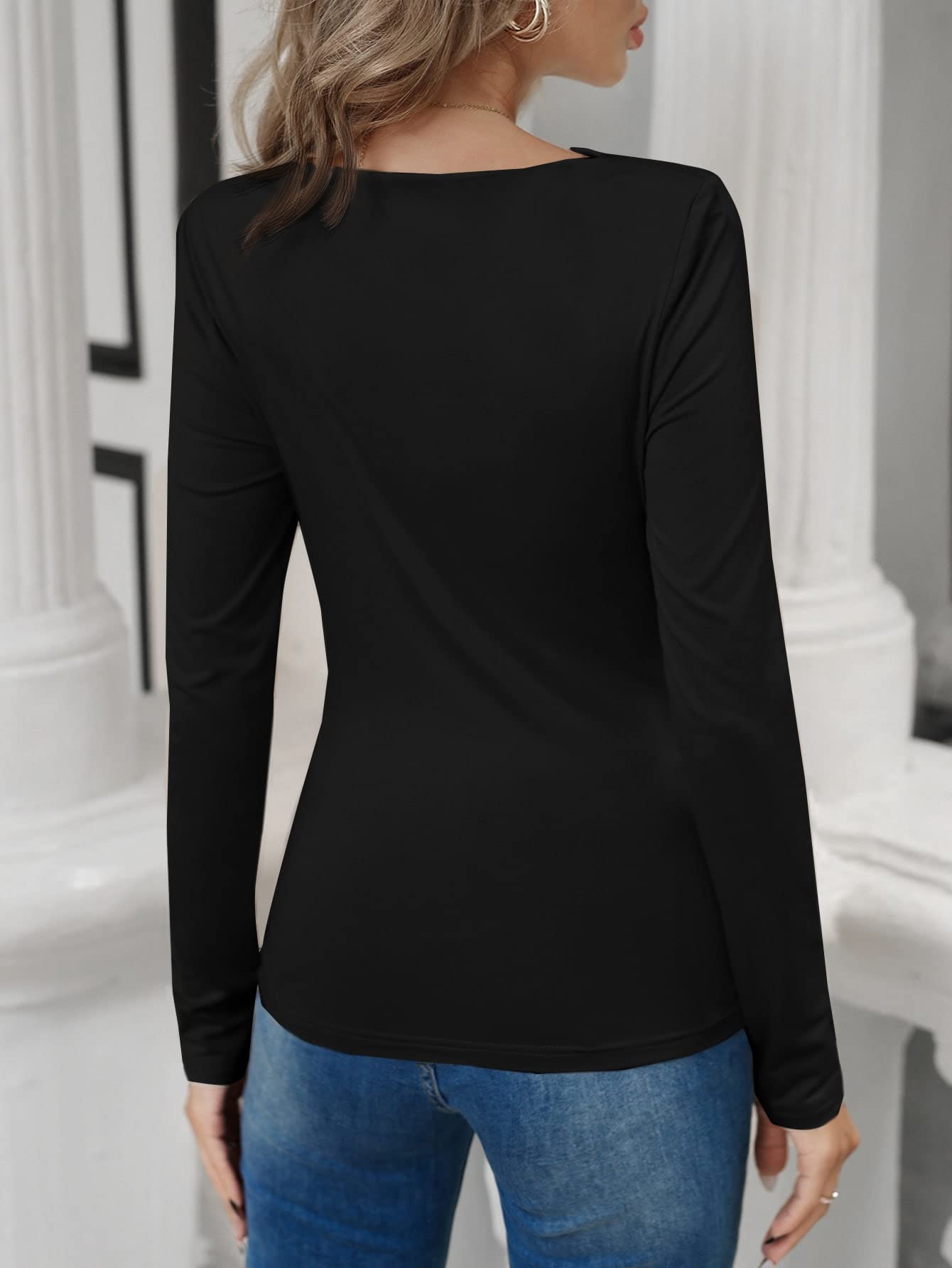 SweatyRocks Women's Boat Neck Long Sleeve Solid Tee Casual Stretch Slim Fit Ruched T Shirt Black M