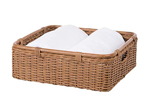 Kouboo Decorative Wide Storage and Shelf Basket in Half Wicker and Rattan with Cut-Out Handles, One Size, Caramel Brown