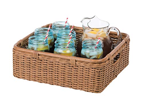 Kouboo Decorative Wide Storage and Shelf Basket in Half Wicker and Rattan with Cut-Out Handles, One Size, Caramel Brown