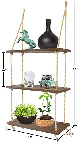 Greenco Decorative Rustic Jute Rope Wall Hanging Floating Shelves, Distressed Wood, 3 Tier .