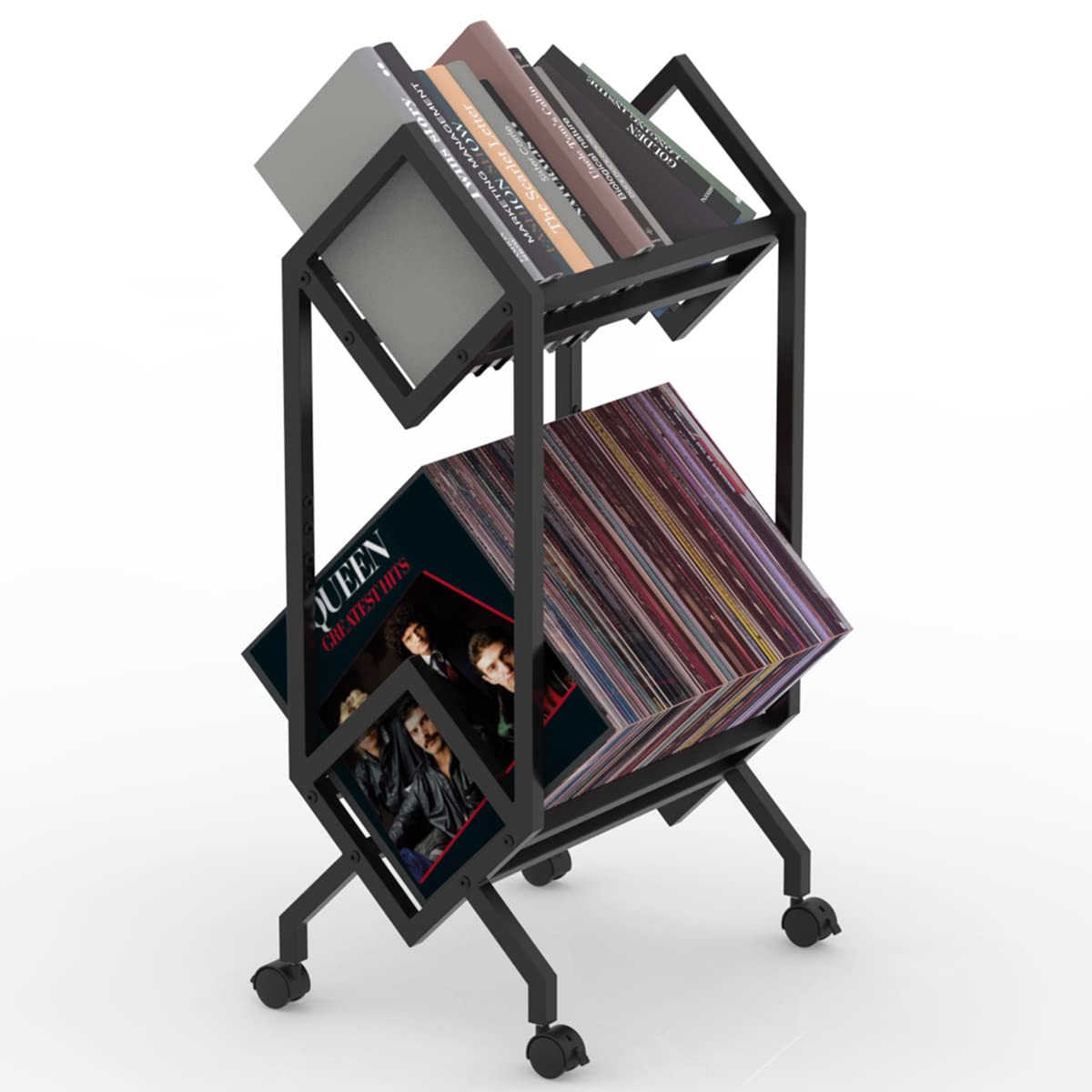 MOOMLIFE Mobile Vinyl Record Storage Rack, LP Storage Shelf, Record Holder for Albums, Magazine Display, Book and Files Organizer, 2 Tier Vinyl Record Stand with Matte Black Metal