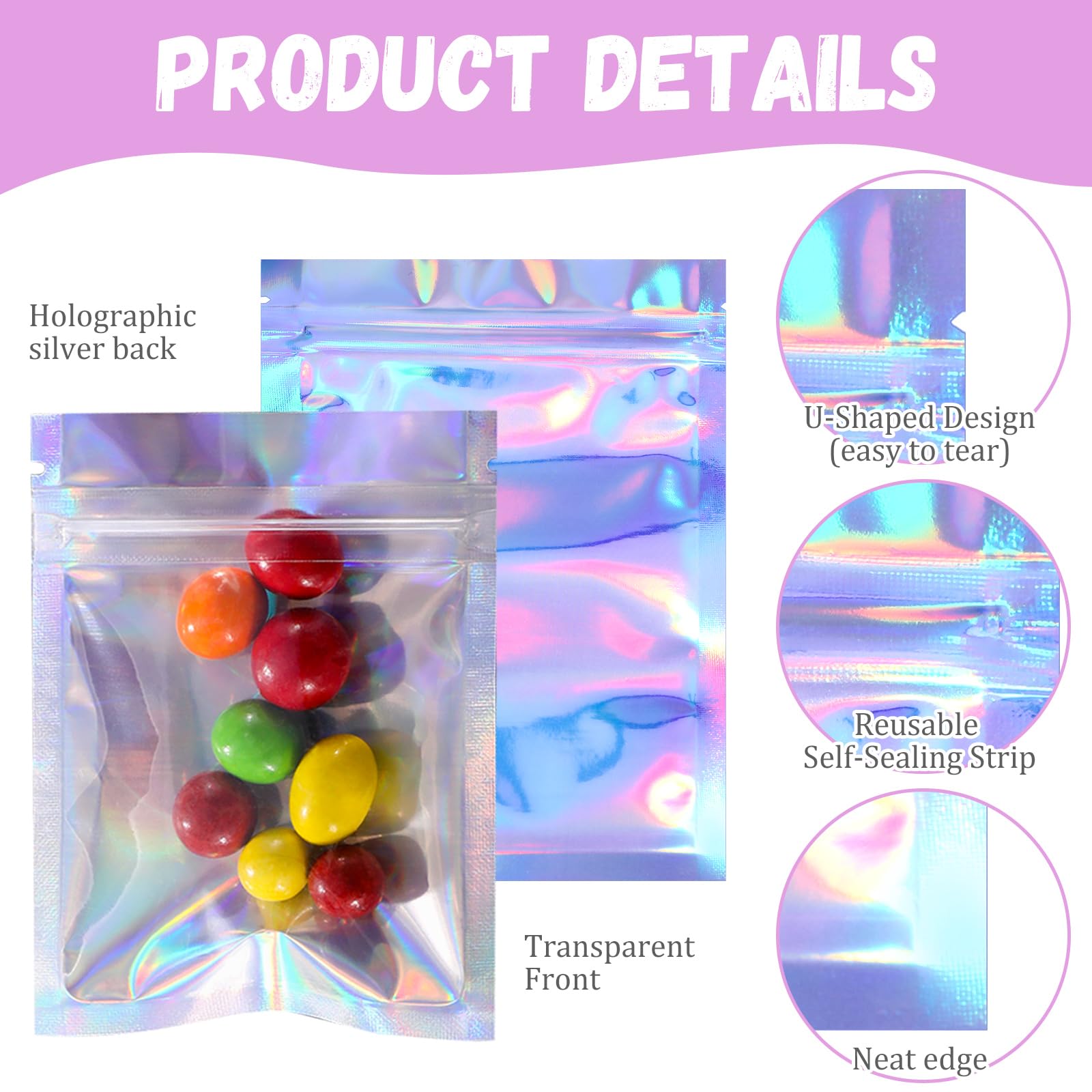 100 Pieces Bags Holographic Packaging Bags Storage Bag for Food Storage (Holographic Color, 7 x 9 Inches)