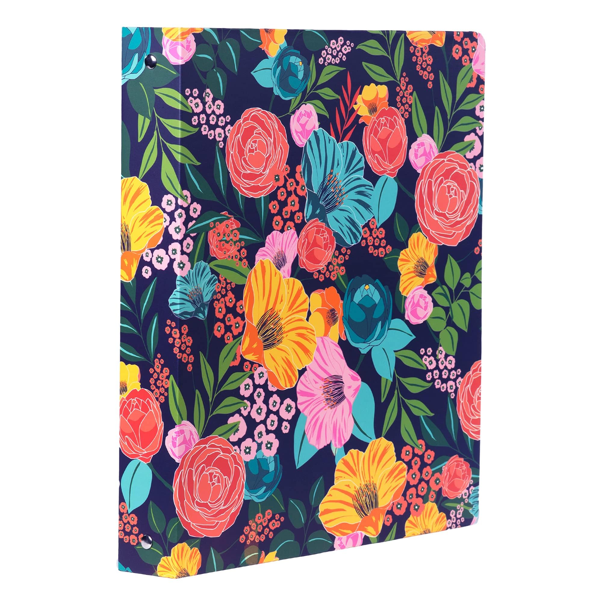 Steel Mill & Co Cute Decorative Hardcover 3 Ring Binder for Letter Size Paper, 1 Inch Round Rings, Colorful Binder Organizer for School/Office, Garden Blooms (Navy)