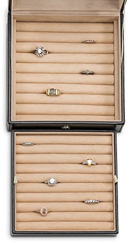 Glenor Co Ring Organizer Box - 108 Slot Classic Jewelry Display Holder - 2 Storage Trays with Modern Buckle Closure, Large Mirror - Holds Rings and Cufflinks - PU Leather Case - Black