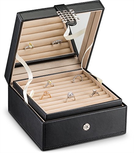 Glenor Co Ring Organizer Box - 108 Slot Classic Jewelry Display Holder - 2 Storage Trays with Modern Buckle Closure, Large Mirror - Holds Rings and Cufflinks - PU Leather Case - Black