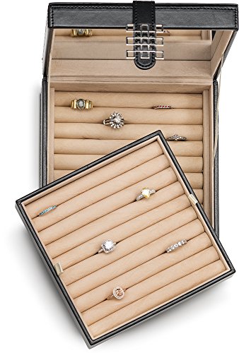 Glenor Co Ring Organizer Box - 108 Slot Classic Jewelry Display Holder - 2 Storage Trays with Modern Buckle Closure, Large Mirror - Holds Rings and Cufflinks - PU Leather Case - Black