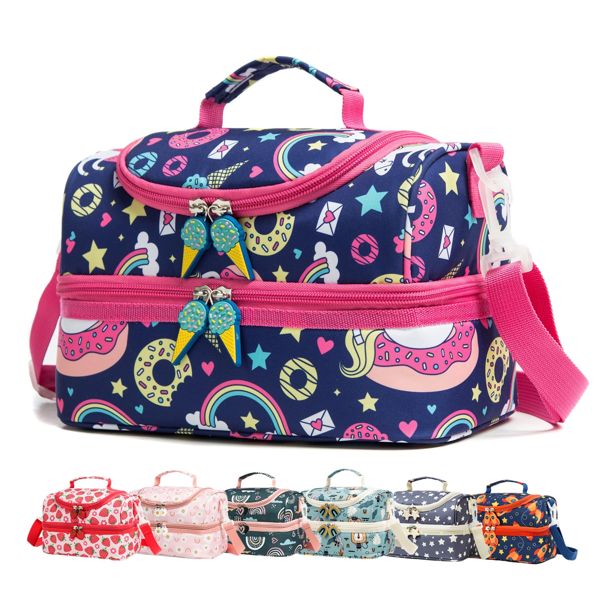 Life on track Insulated Kids Double Decker Lunch Bag Tote Pack for Girls Boys Toddler School Picnic Food Cooler Hot Water Ice with Strap (Blue Unicorn)
