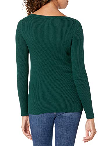 Amazon Essentials Women's Lightweight Ribbed Long-Sleeve Boat Neck Slim-Fit Sweater, Forest Green, Large