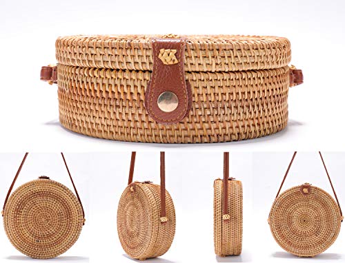 Handwoven Round Rattan Bag Shoulder Leather Straps Natural Chic Hand